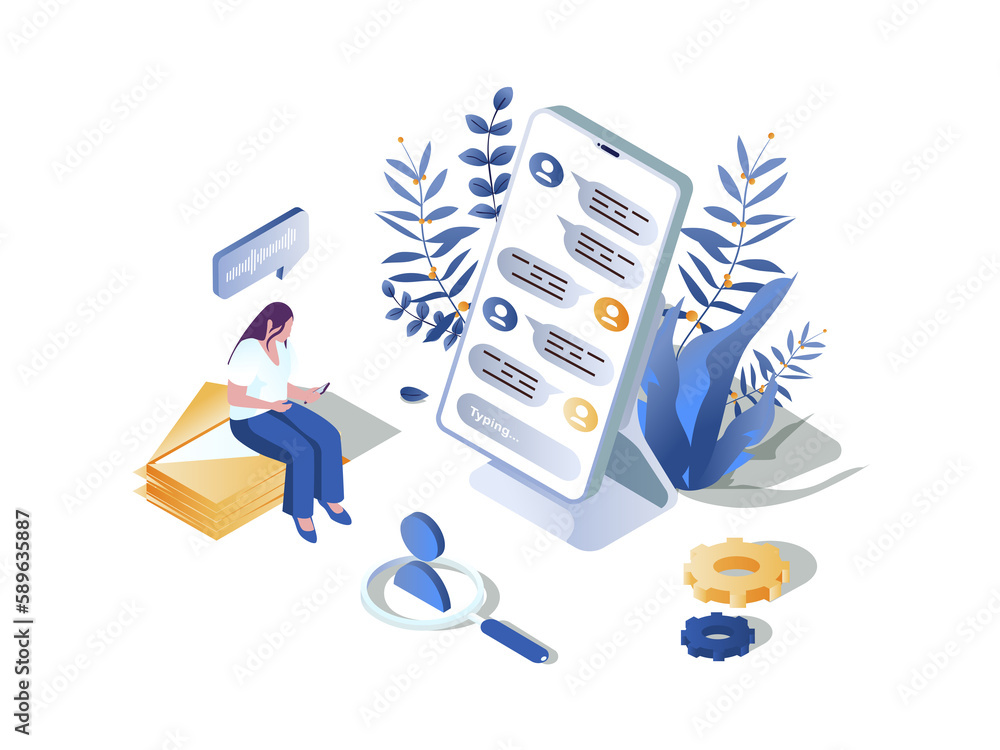 Communication via mobile phone concept 3d isometric web scene. People ...