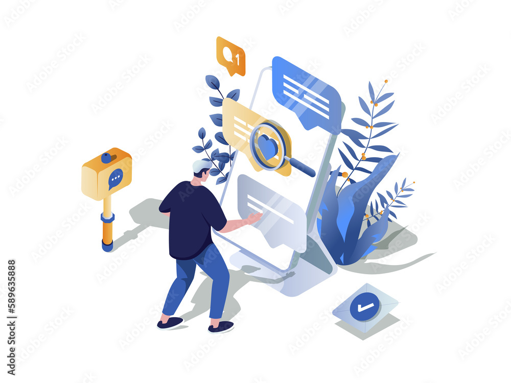 Comments concept 3d isometric web scene. People leaving positive ...