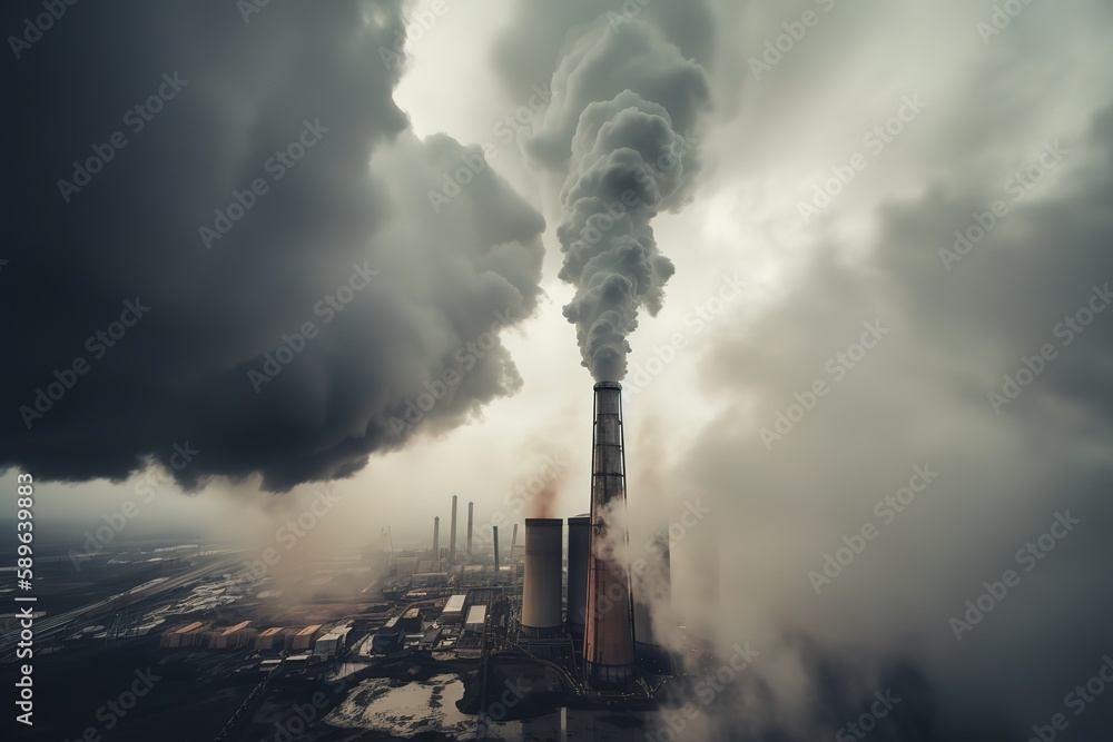 Thick and heavy smoke coming out of a huge and high chemical factory ...