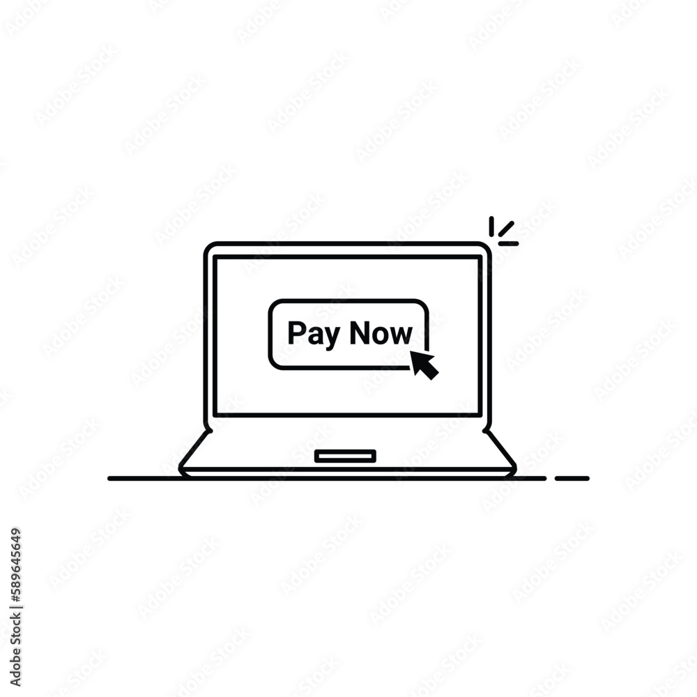 click on pay now button on linear laptop. flat stroke style trend ...