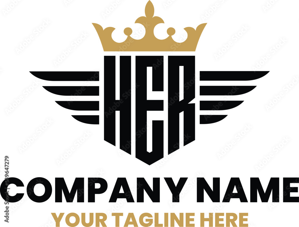 HER initial letter with wing, crown logo, luxury logo, luxury shield ...