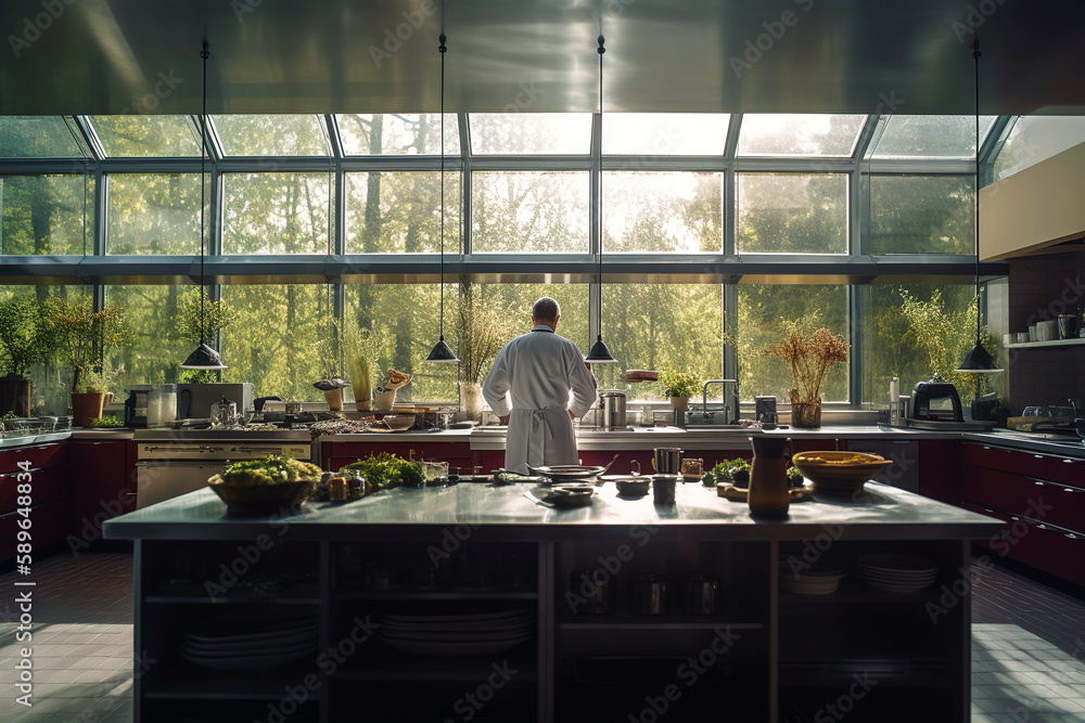 Generative AI illustration of a very bright kitchen with a glass wall ...
