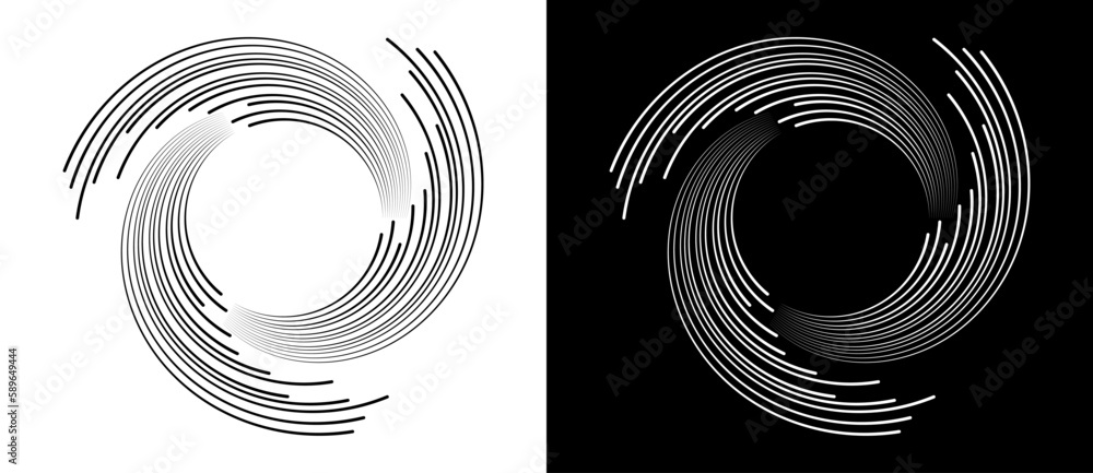 Circles with parallel lines and spiral perspective. A white circle on a ...