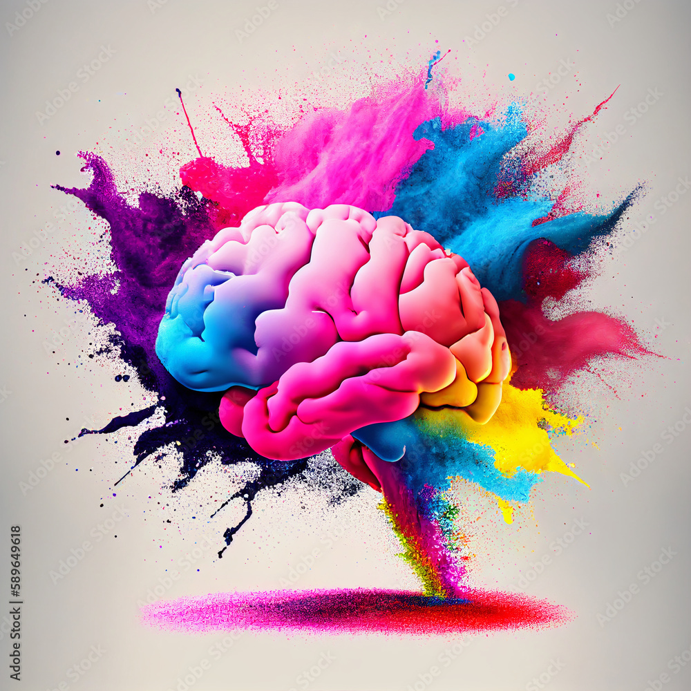 Human brain exploding in multiple colors, with bursts of paint and ...