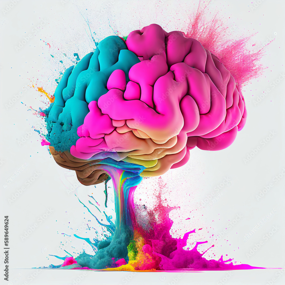 Human brain exploding in multiple colors, with bursts of paint and ...