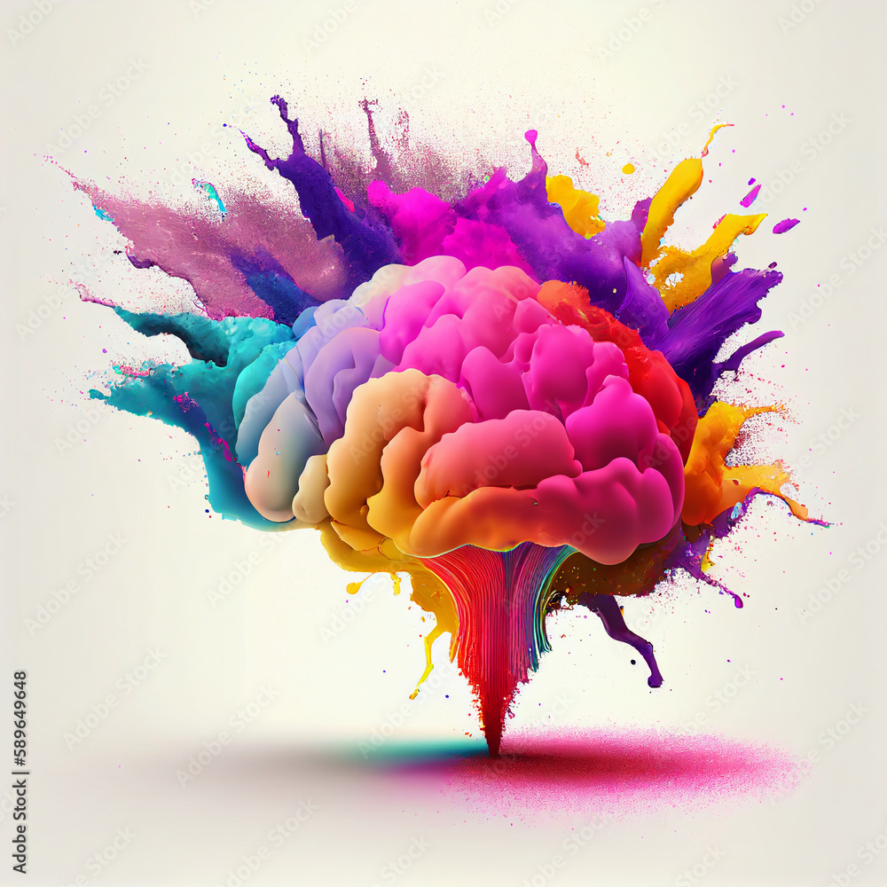 Human brain exploding in multiple colors, with bursts of paint and ...
