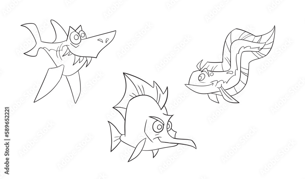 Sea animals group coloring page. Ocean fish, octopus, dolphin, shark ...