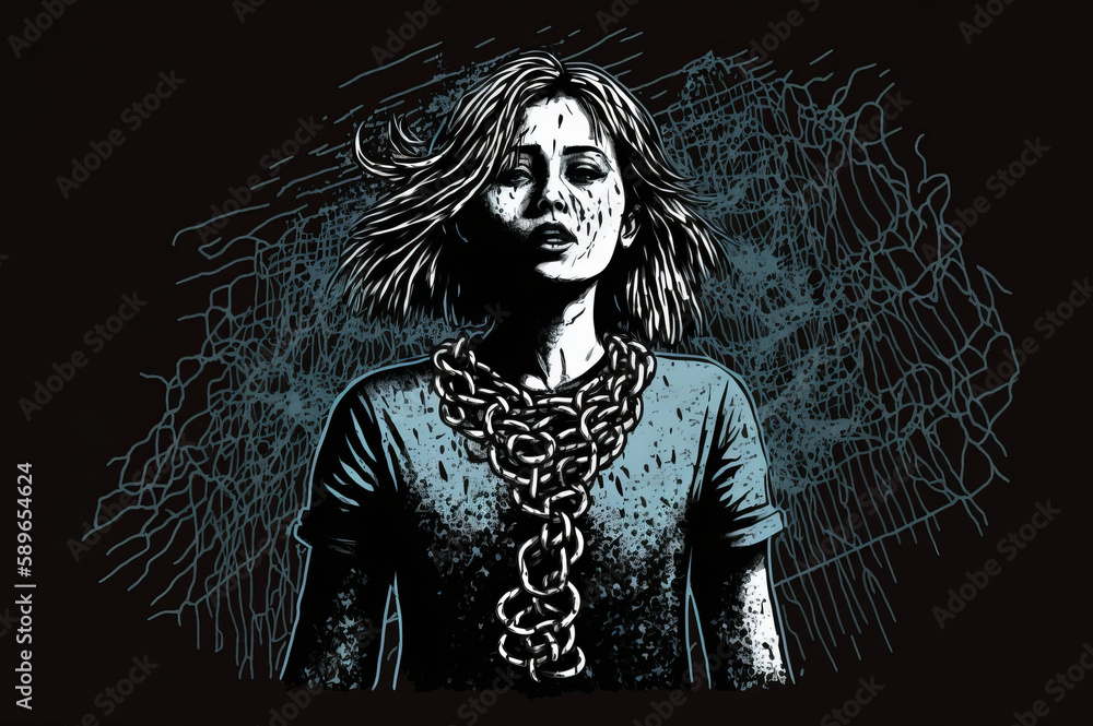 Illustration of a chained female victim symbolizing the physical and ...