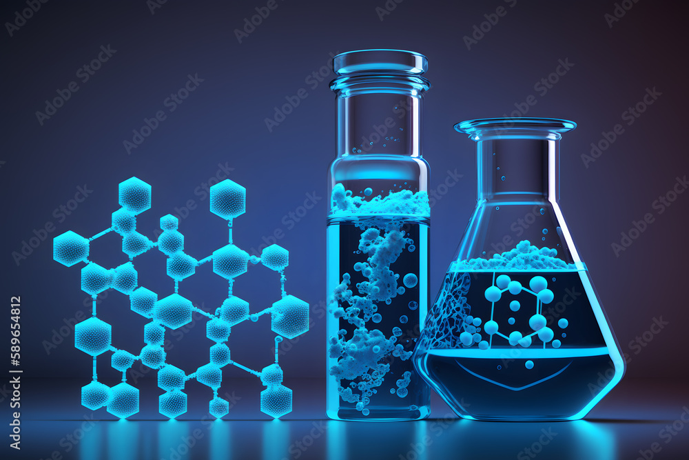 beaker and flask in science laboratory with chemical structure blue ...