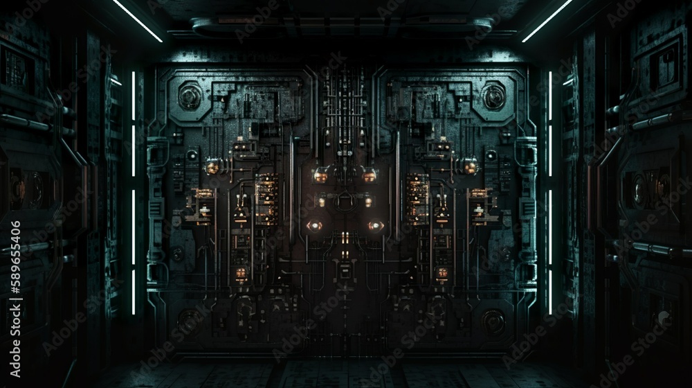 Dark sci-fi space station walls and hulls in interior with leds and ...