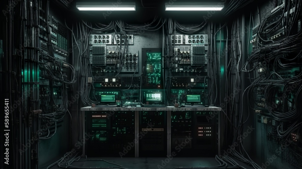 Dark sci-fi space station walls and hulls in interior with leds and ...