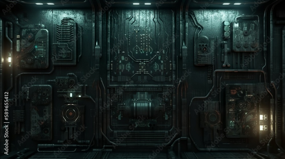 Dark sci-fi space station walls and hulls in interior with leds and ...