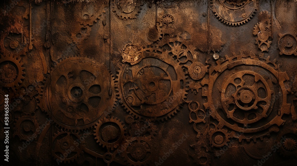 Rusty iron wall steampunk texture with pipes and cables and rivets ...