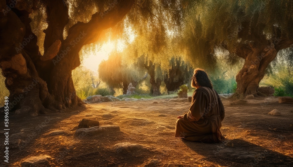 Photograph of Jesus praying in the garden of Gethsemane. Generative AI ...