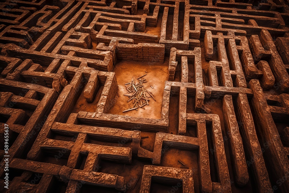 Dark fantasy maze brick labyrinth aerial perspective top view design ...