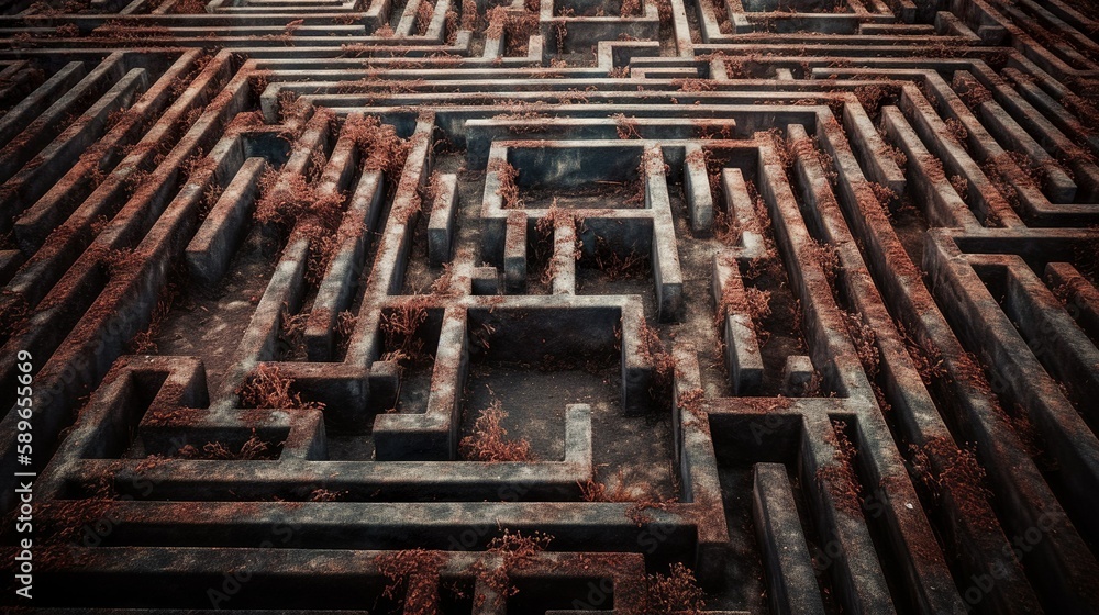 Dark fantasy maze brick labyrinth aerial perspective top view design landscape generative ai ...