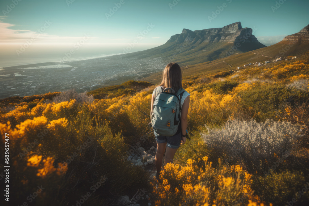 Young tourist woman, viewed from the back, admiring a breathtaking ...