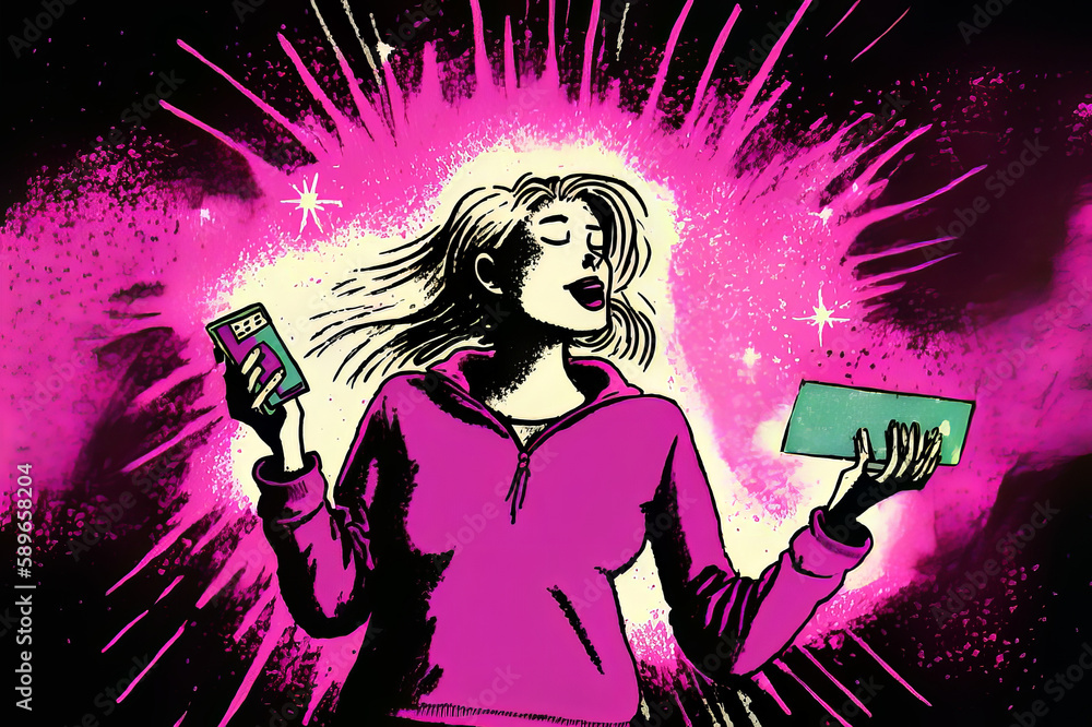 Woman enjoying material goods surrounded by a halo of pink and purple ...