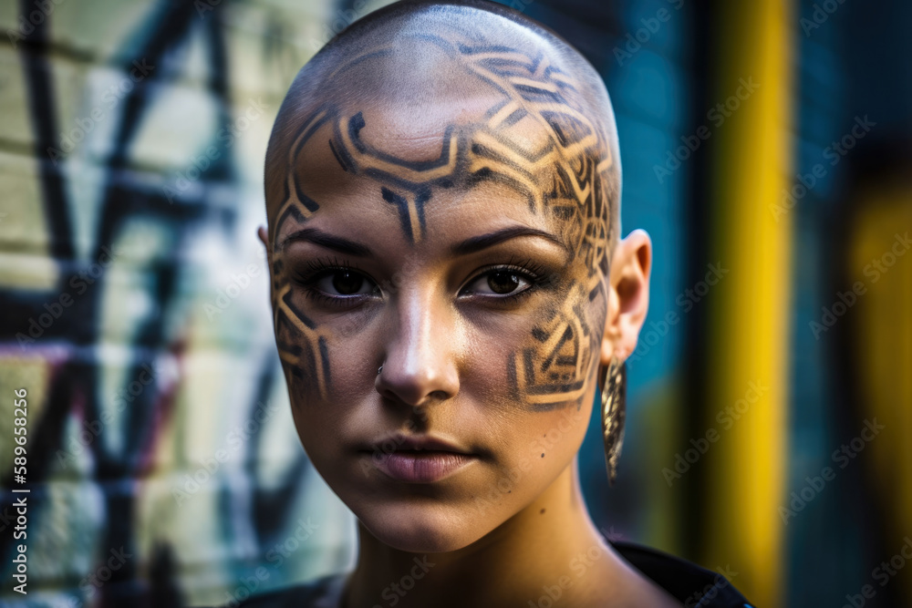 Empowering and fierce portrait of a young woman with a buzz cut and ...