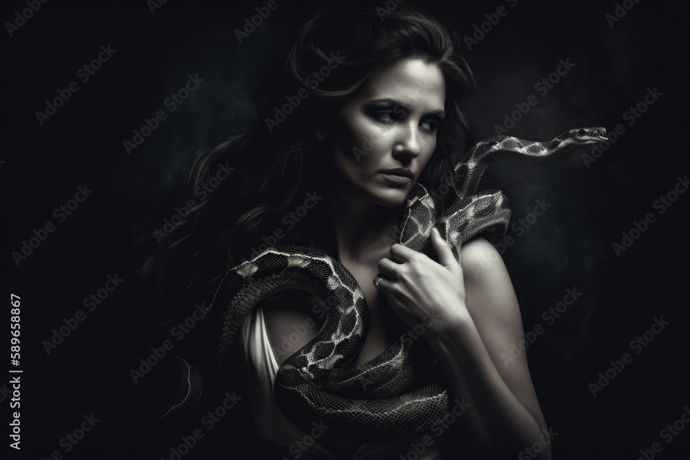 enigmatic portrait of a woman with a snake coiled around her arm ...
