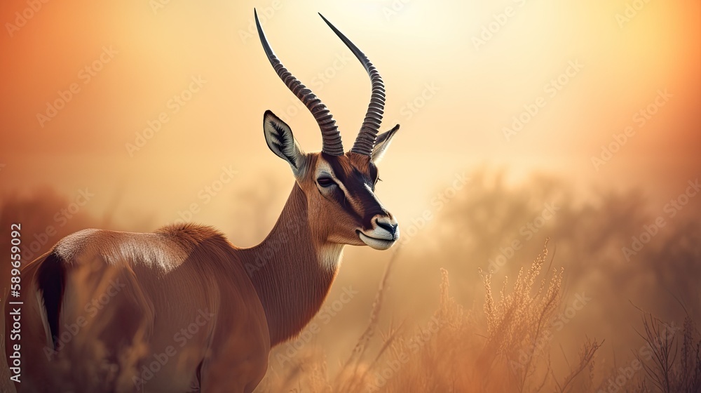 antelope in jungle, golden sunlight in orange sky, dramatic clouds ...