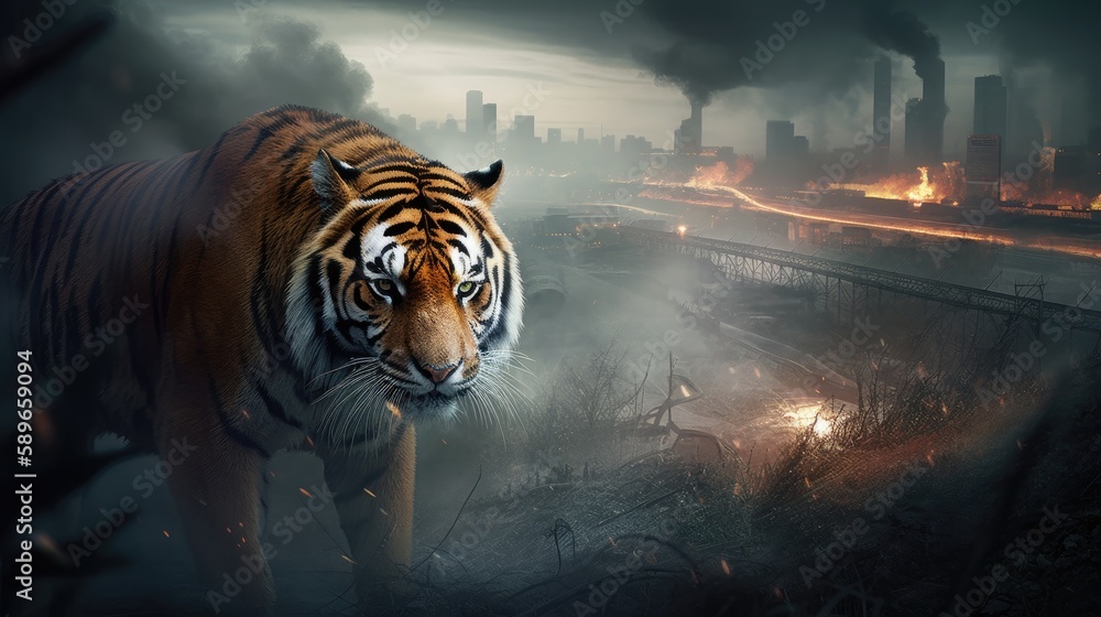 angry tiger, deep dark jungle, isometric, digital art, smog, pollution ...