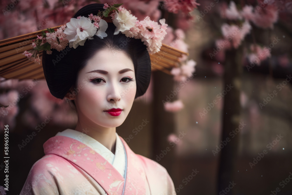 Ethereal Geisha with a serene expression standing in front of a ...