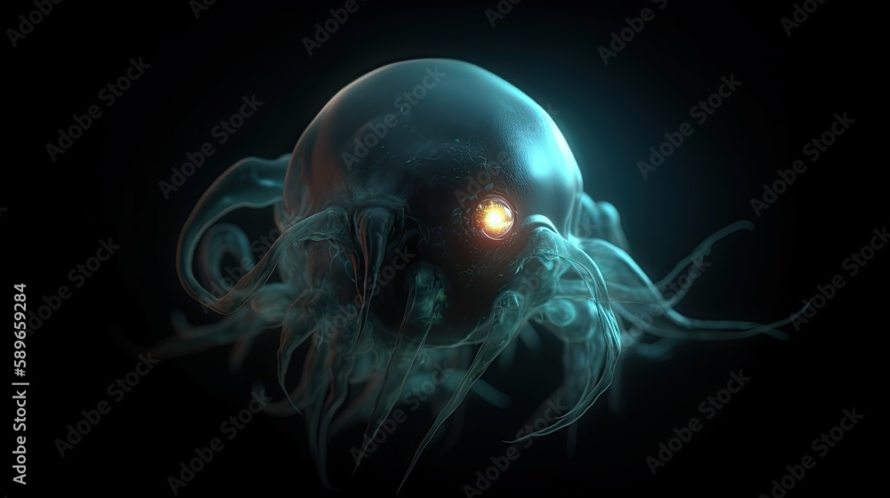 Cyclops, sea creature with parts of his body glowing. Underwater scene ...