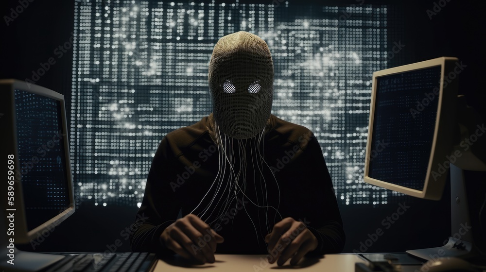 hacker with wired cybernetic, extremely detailed, implants, surrealism, no face, many computer ...