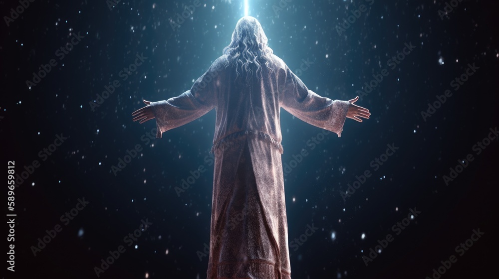 Jesus in long robes stood with arms out to the sides, low angle entire ...