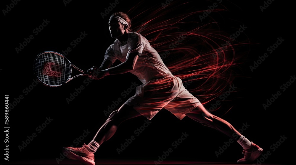 tennis player in motion isolated on dark background with stroboscoper ...