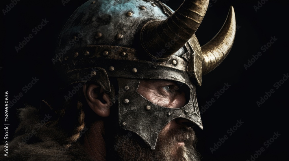 Viking, barbarian, warrior, glowing eyes, horned helmet, beard, angry ...