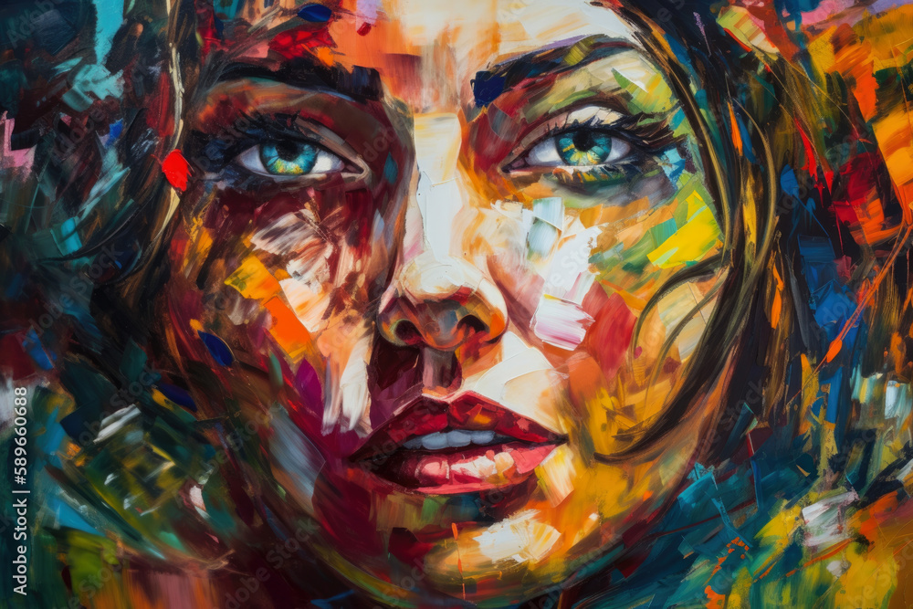 Expressive portrait of a woman with exaggerated colors in neo ...