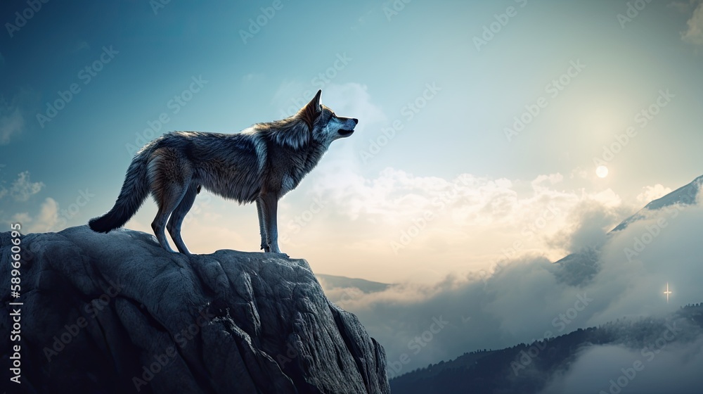 women wolf hybrid, howling to the moon on top of a rock, painting ...