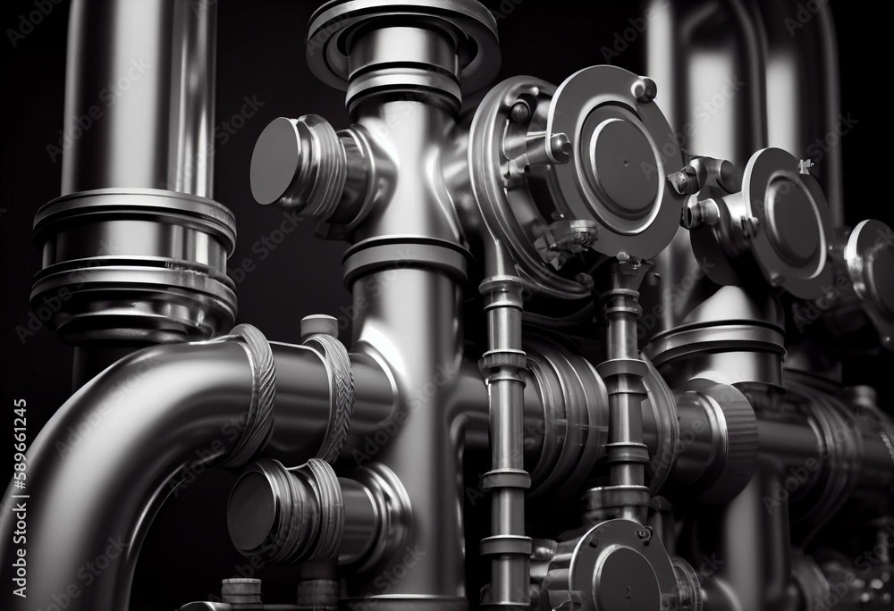 Silver pipes. Industrial background. Plumbing on black. Industrial ...