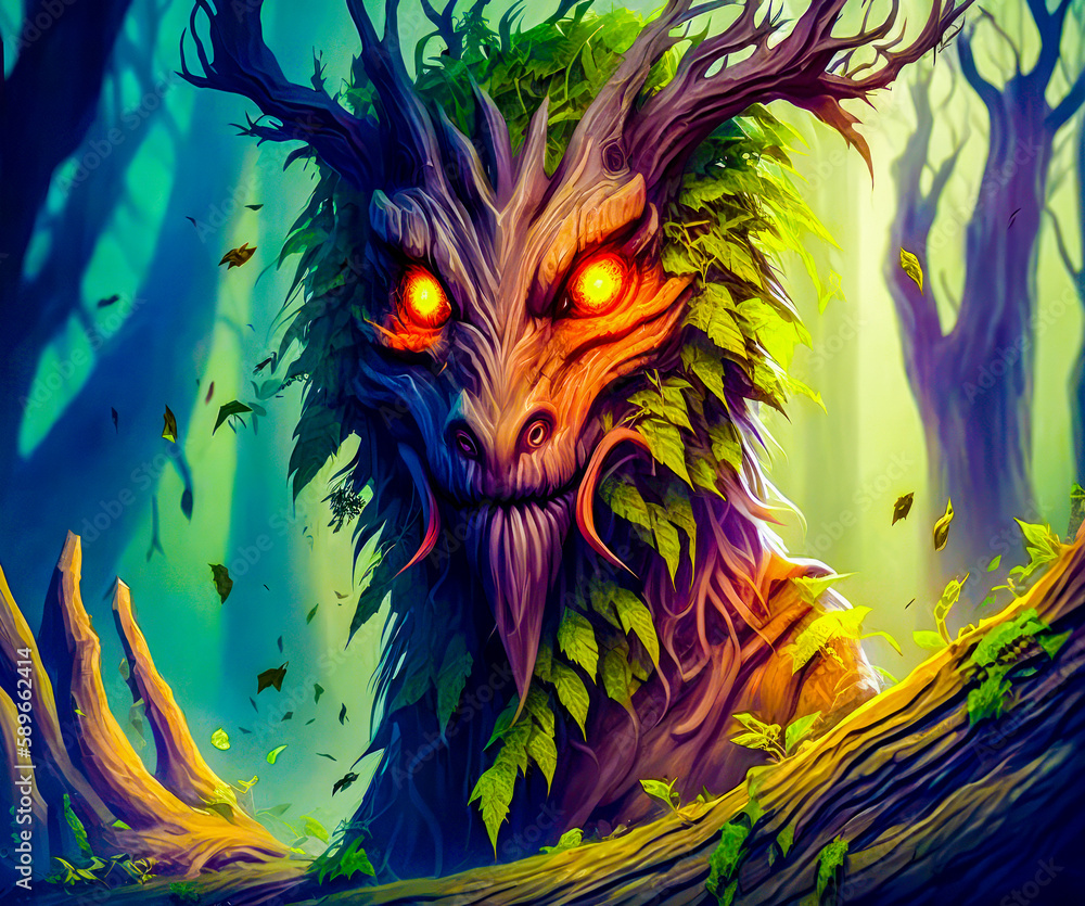 Painting of tree with glowing eyes and face in the middle of forest ...