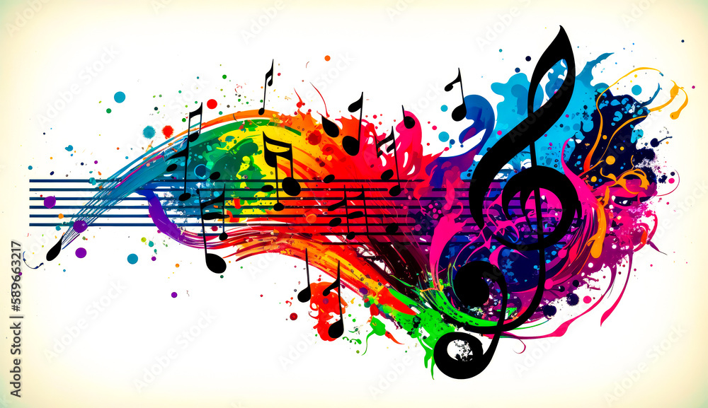 Colorful music background with musical notes and splashs of paint on ...