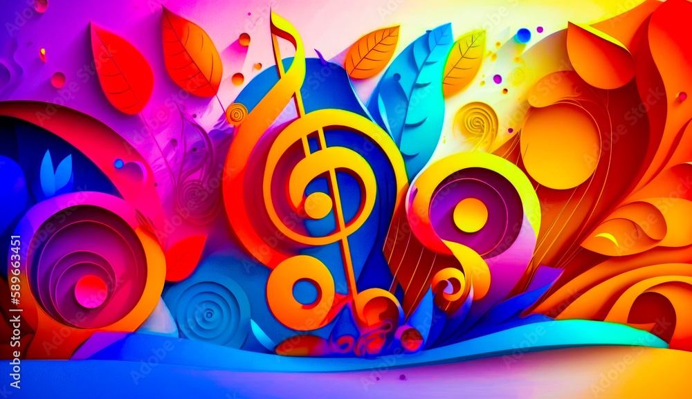 Colorful music background with musical notes and leaves on multicolored ...