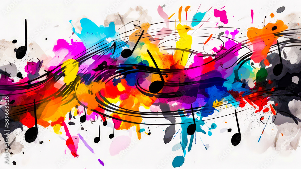 Colorful music background with musical notes and splashes of paint on ...
