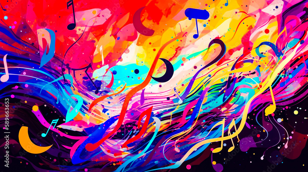 Colorful painting of music notes and music notes on black background ...
