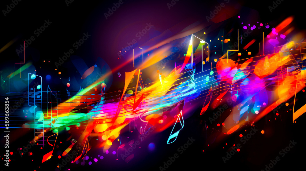 Colorful abstract background with music notes and lines on black ...