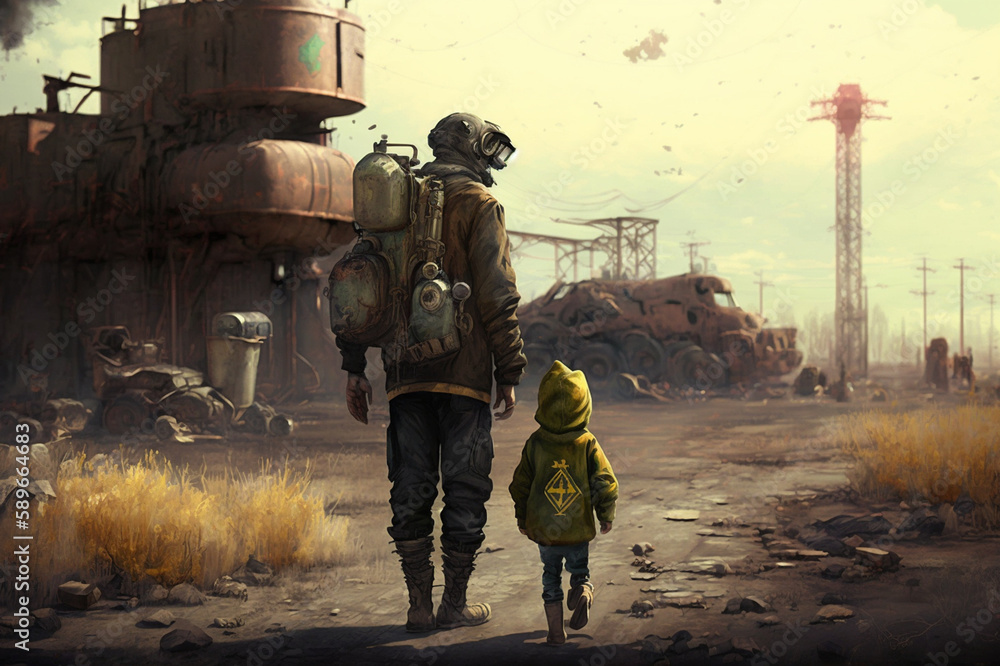 Father with child walking in postapocalyptic city ruins. World after ...
