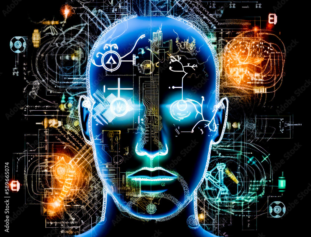 Man's head with lot of technological symbols around it and the image of ...