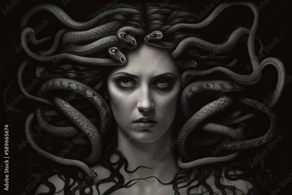 Medusa's Gaze haunting portrait of a woman in the style of ancient ...