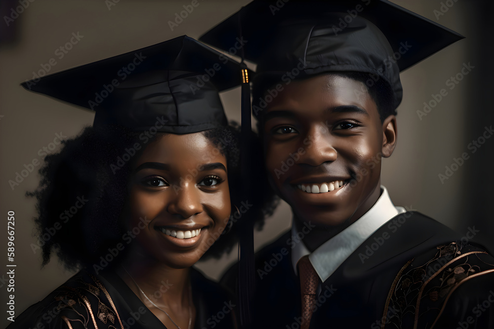 university graduates in graduation caps, African American boy and girl ...