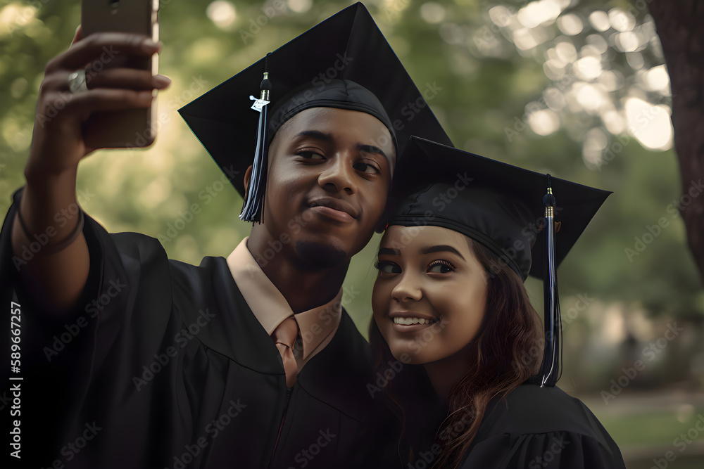 university graduates in graduation caps, boy and girl smiling and ...