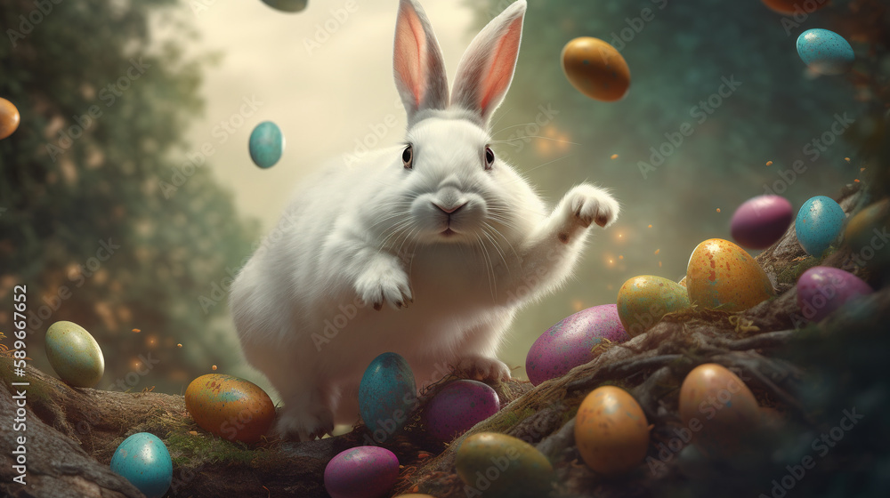 Cute white rabbit standing on its hind legs in a forest filled with ...