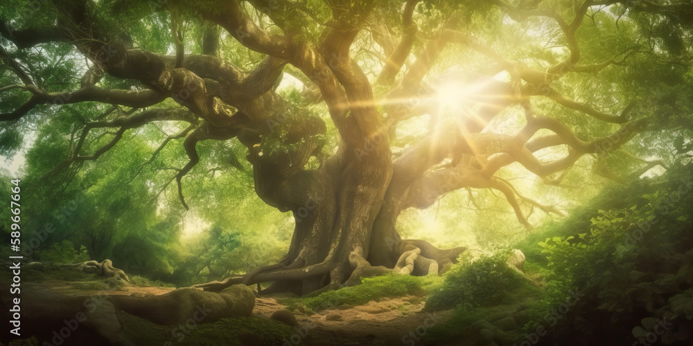 Ancient oak tree in summer forest. Generative AI illustration Stock ...