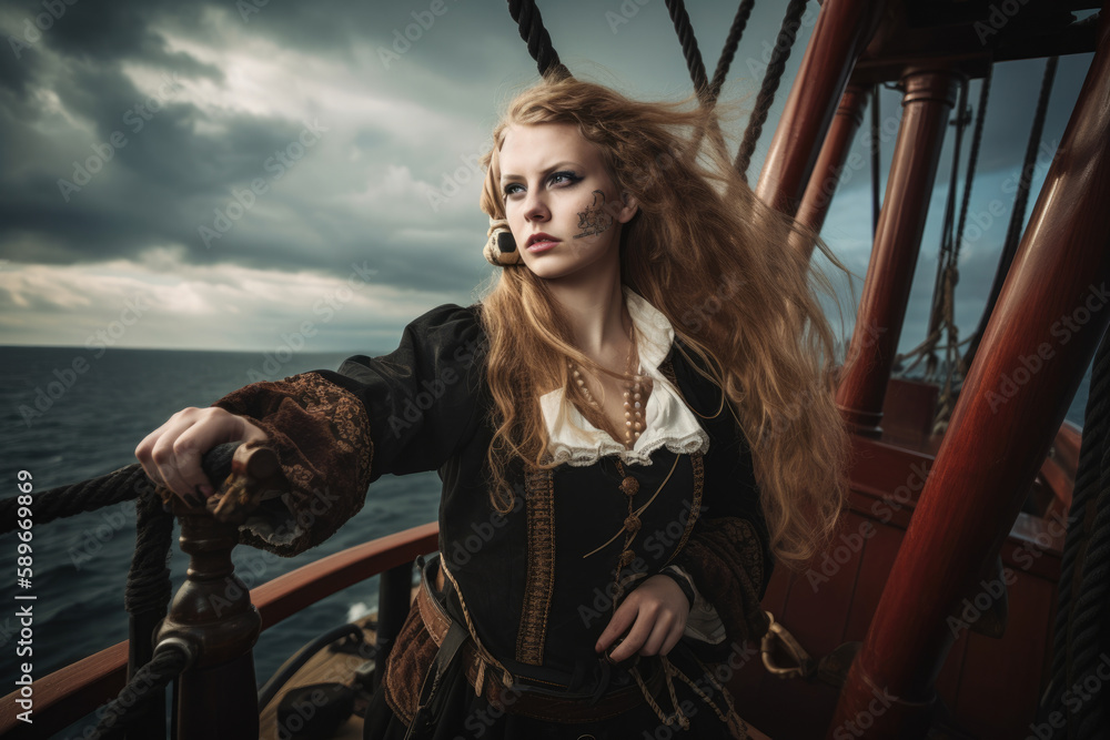 Portrait of a daring pirate princess with a cutlass in hand ...