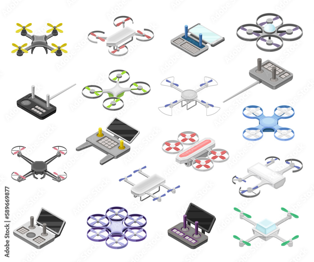 Pilotless Drone as Aerial Vehicle and Remote Control Panel Isometric ...
